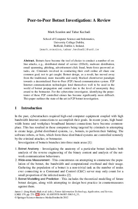 Pdf Peer To Peer Botnet Investigation A Review Tahar Kechadi