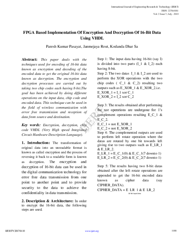 (PDF) FPGA Based Implementation Of Encryption And Decryption Of 16-Bit Data Using VHDL