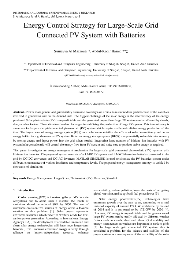 (PDF) Energy Control Strategy for Large-Scale Grid Connected PV System with Batteries