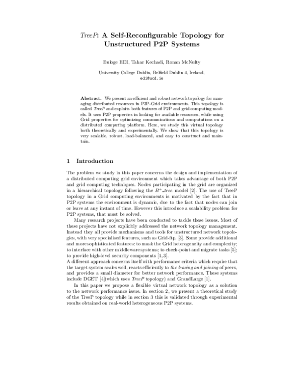 (PDF) TreeP: A Self-reconfigurable Topology for Unstructured P2P Systems