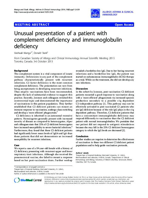 (PDF) Unusual presentation of a patient with complement deficiency and ...