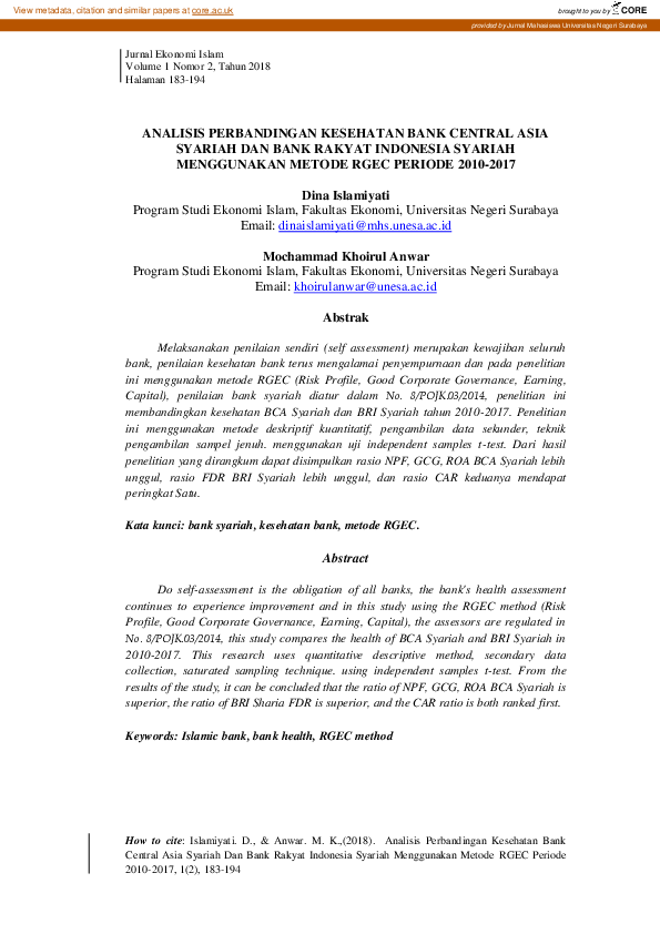 (PDF) Analisis Perbandingan Kesehatan Bank Central Asia Syariah Dan Bank Rakyat Indonesia ...