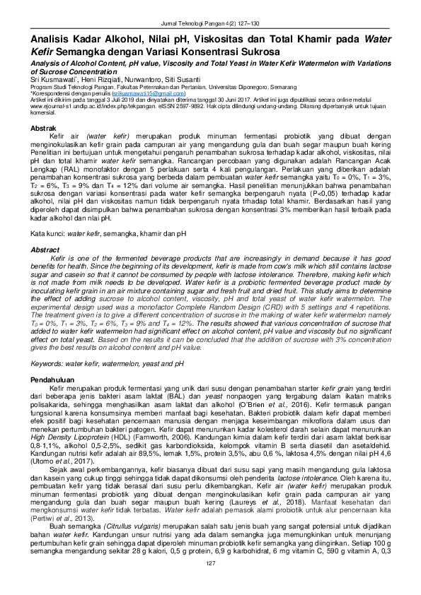 (PDF) Analisis Kadar Alkohol, Nilai pH, Viskositas dan Total Khamir pada Water Kefir Semangka ...