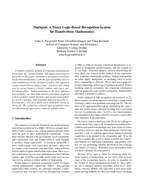(PDF) Mathpad: A Fuzzy Logic-Based Recognition System for Handwritten ...