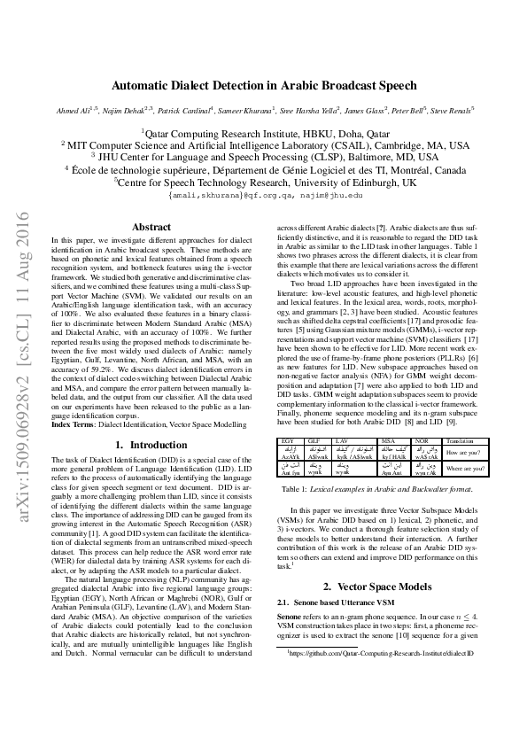 (PDF) Automatic Dialect Detection in Arabic Broadcast Speech