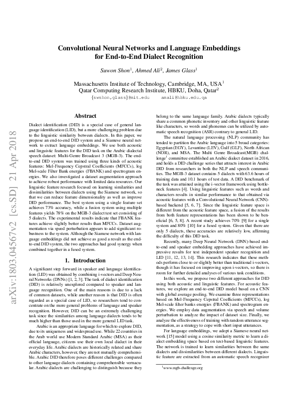 (PDF) Convolutional Neural Network and Language Embeddings for End-to-End Dialect Recognition