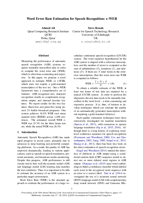 (PDF) Word Error Rate Estimation for Speech Recognition: e-WER