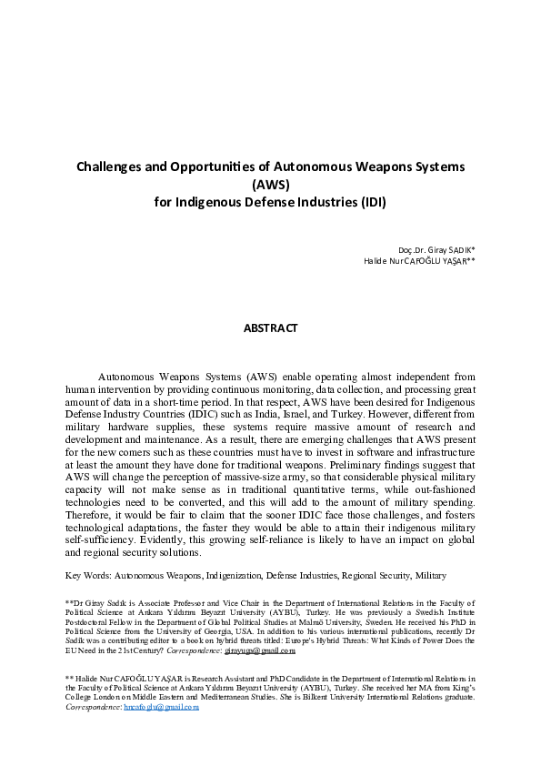 (DOC) Autonomous Weapons Systems: Impacts on Indigenous Defense Industries