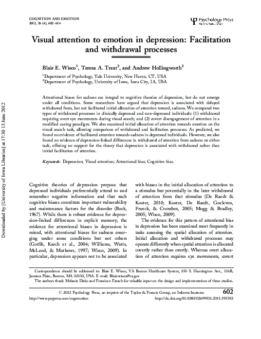 (PDF) Visual attention to emotion in depression: Facilitation and ...