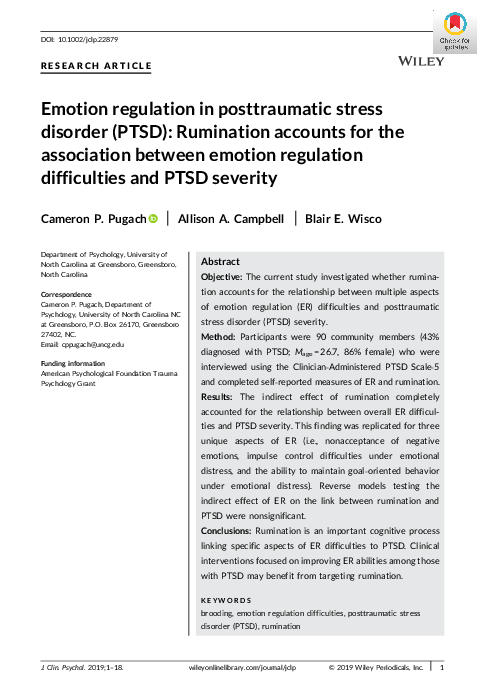 (PDF) Emotion regulation in posttraumatic stress disorder (PTSD): Rumination accounts for the ...