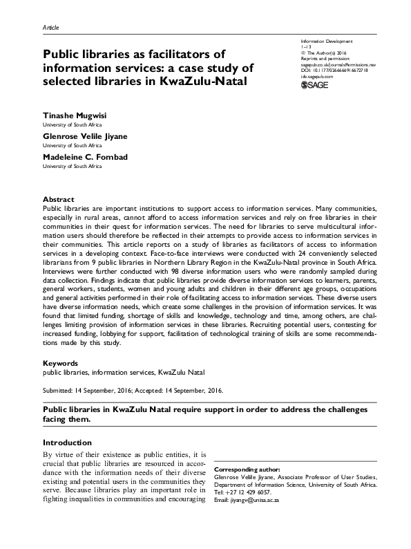 (PDF) Public libraries as facilitators of information services