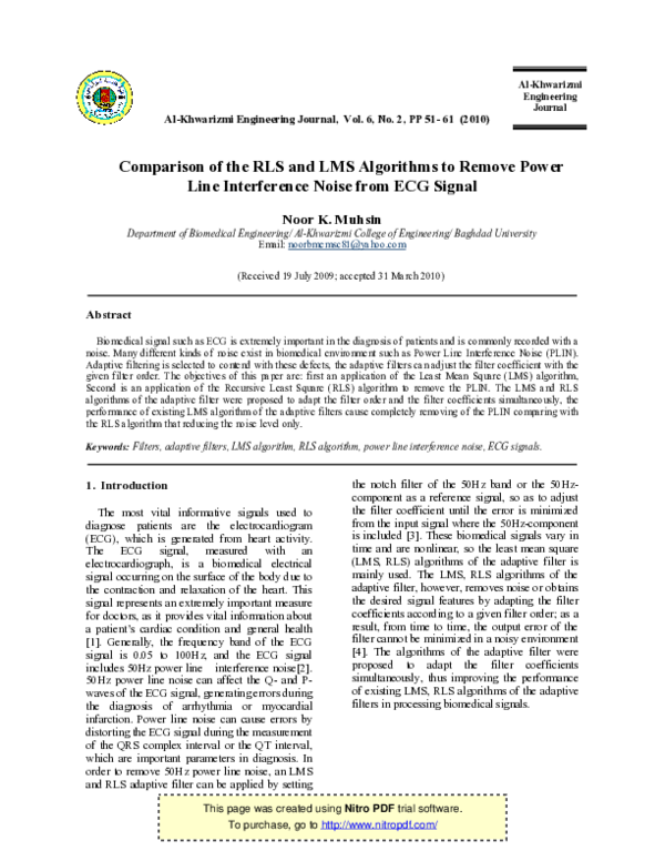 Pdf Comparison Of The Rls And Lms Algorithms To Remove Power Line Interference Noise From Ecg
