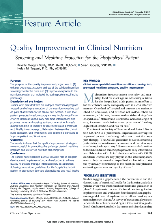 (PDF) Quality Improvement in Clinical Nutrition