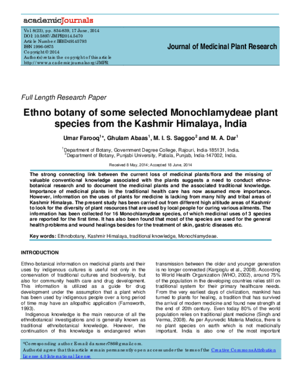 (PDF) Ethno botany of some selected Monochlamydeae plant species from ...