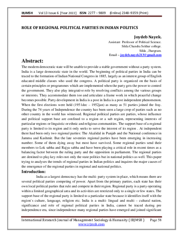 (PDF) ROLE OF REGIONAL POLITICAL PARTIES IN INDIAN POLITICS