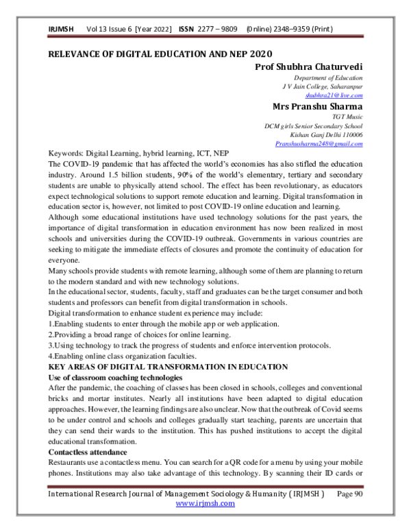 (PDF) RELEVANCE OF DIGITAL EDUCATION AND NEP 2020