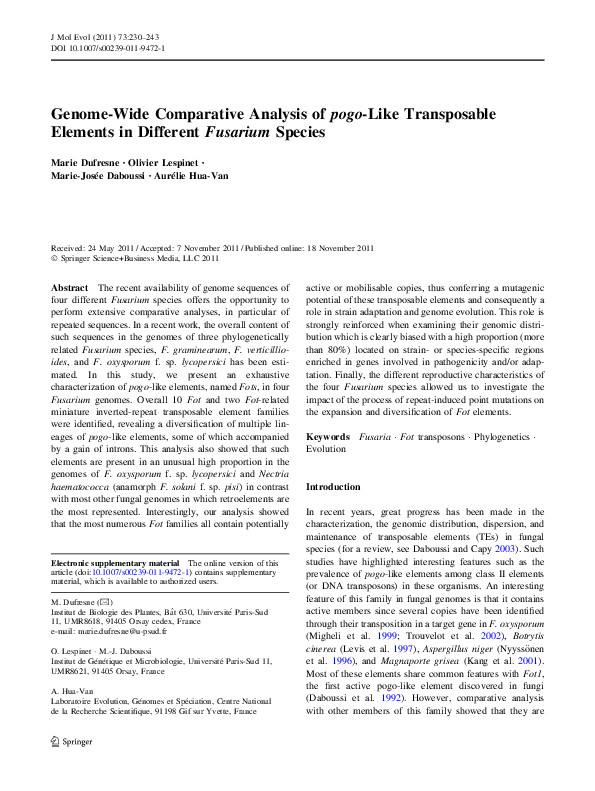 (PDF) Genome-Wide Comparative Analysis of pogo-Like Transposable Elements in Different Fusarium ...