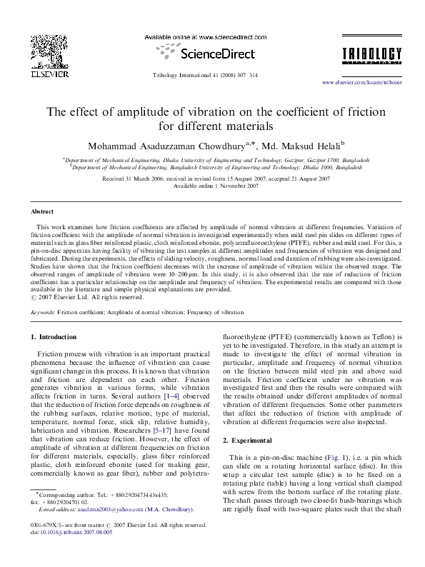 (PDF) The effect of amplitude of vibration on the coefficient of friction for different materials