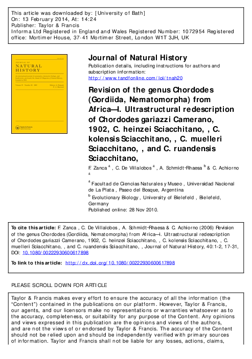 (PDF) Revision of the genus Chordodes (Gordiida, Nematomorpha) from ...
