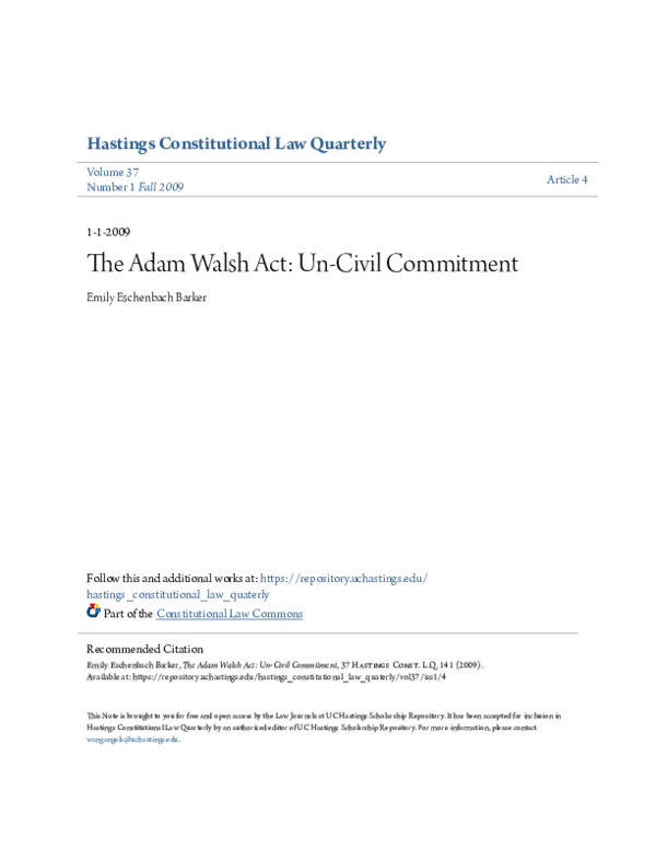 (PDF) The Adam Walsh Act: Un-Civil Commitment