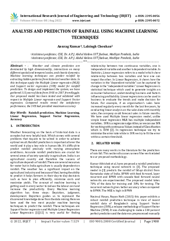 (PDF) ANALYSIS AND PREDICTION OF RAINFALL USING MACHINE LEARNING TECHNIQUES | anurag kumar ...