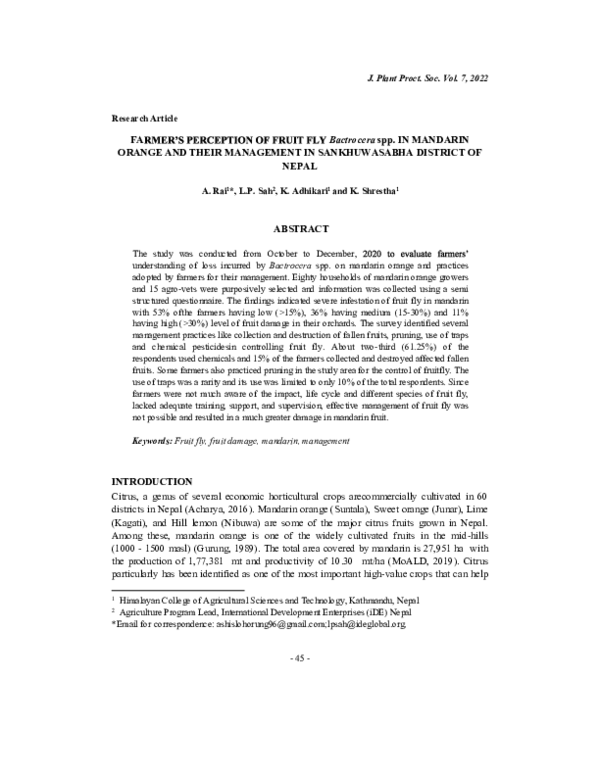 (PDF) Farmer's Perception of Fruit Fly Bactrocera spp. in Mandarin Orange and their Management ...
