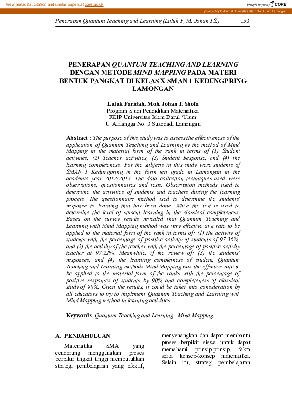 (PDF) Penerapan Quantum Teaching and Learning Dengan Metode Mind Mapping Pada Materi Bentuk ...