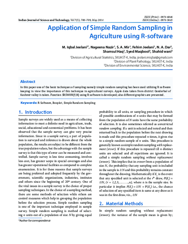 (PDF) Application of Simple Random Sampling in Agriculture using R-software