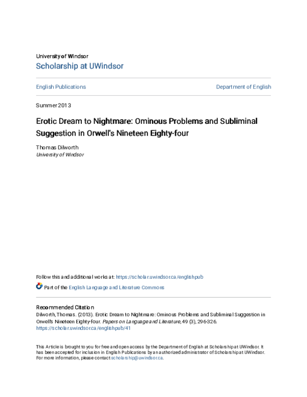 (PDF) Erotic Dream to Nightmare: Ominous Problems and Subliminal Suggestion in Orwell's Nineteen ...