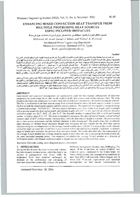 Pdf Enhancing Mixed Convection Heat Transfer From Multiple Protruding Heat Sources Using