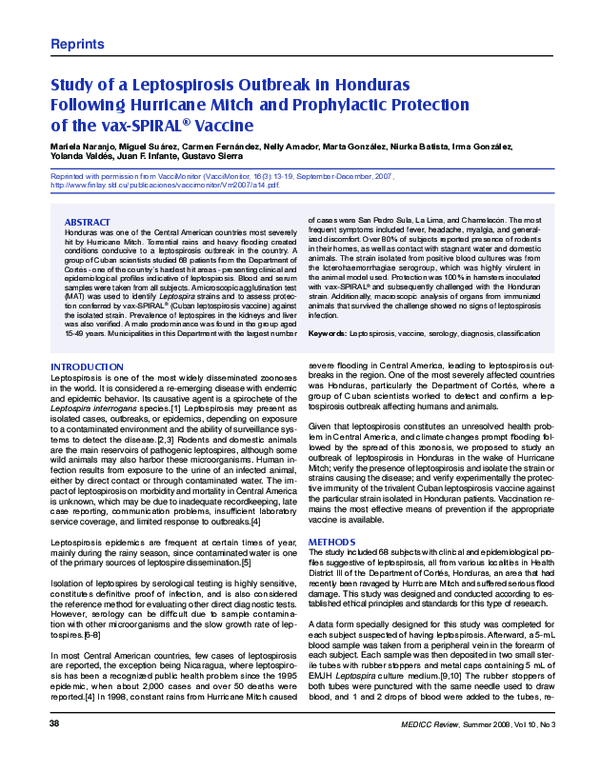 (PDF) Study of a Leptospirosis Outbreak in Honduras Following Hurricane ...