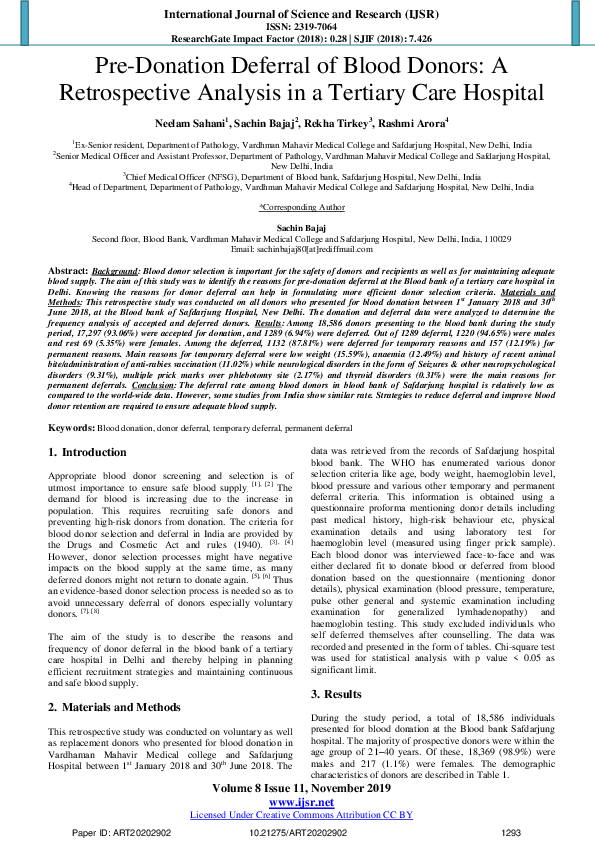 (PDF) Pre-Donation Deferral of Blood Donors: A Retrospective Analysis ...