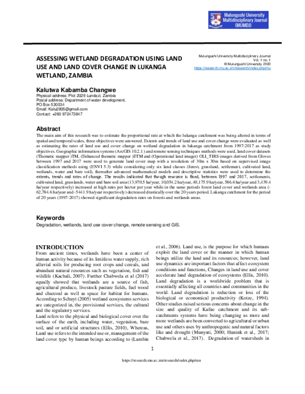 (PDF) Assessing Wetland Degradation Using Land Use and Land Cover Change In Lukanga Wetland, Zambia