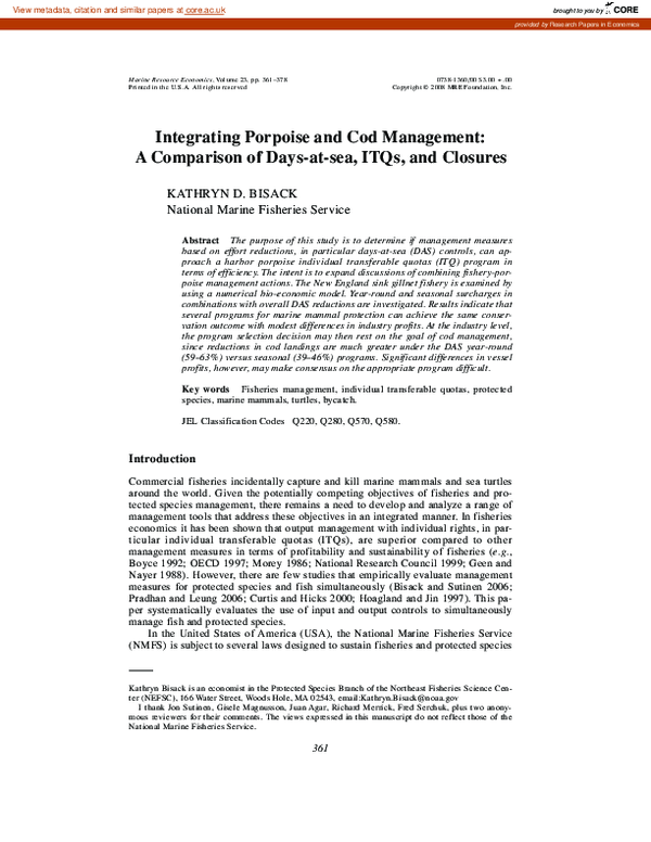 (PDF) Integrating Porpoise and Cod Management: A Comparison of Days-at ...