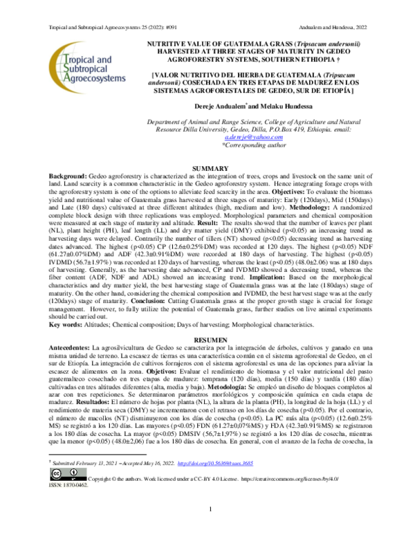 (PDF) NUTRITIVE VALUE OF GUATEMALA GRASS (Tripsacum andersonii ...