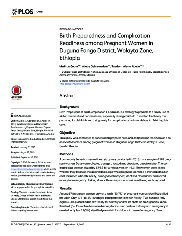 (PDF) Birth preparedness and complication readiness practice among ...