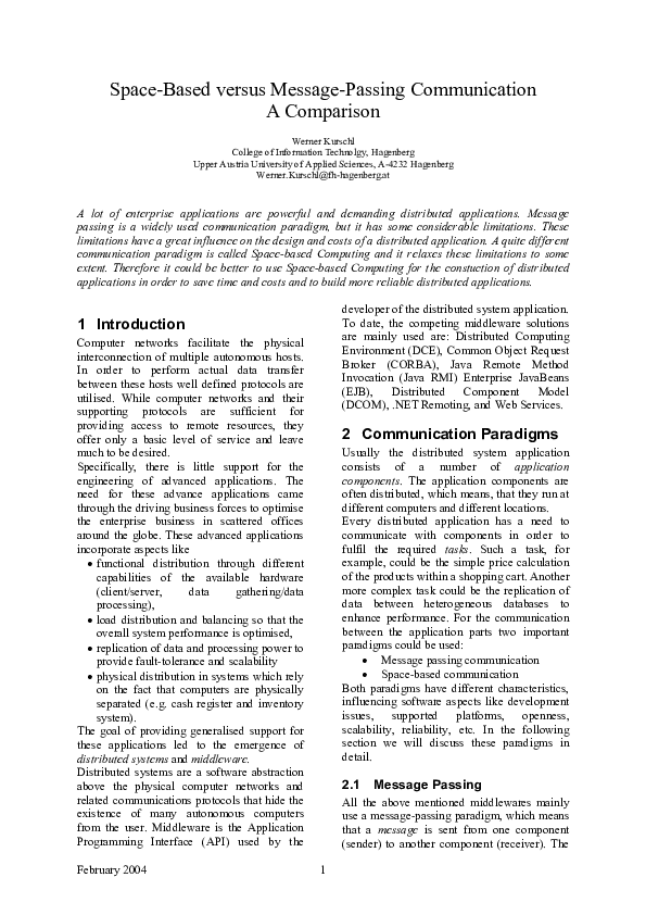 Pdf Space Based Versus Message Passing Communication A Comparison