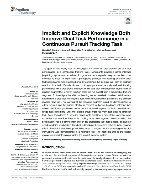 Pdf Implicit And Explicit Knowledge Both Improve Dual Task Performance In A Continuous Pursuit