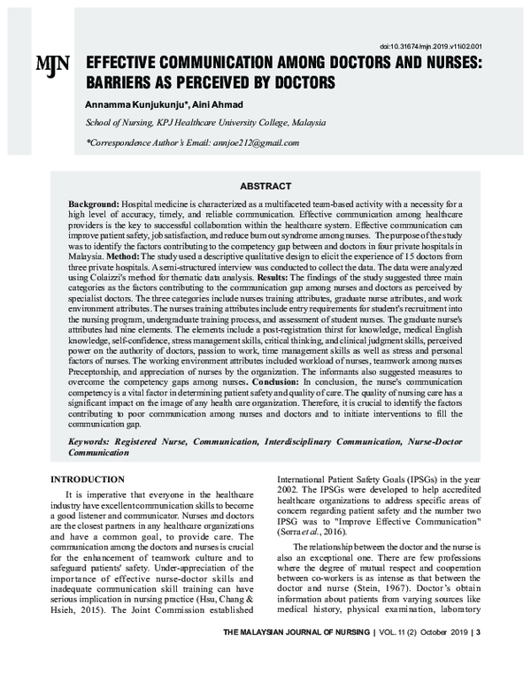 (PDF) Effective Communication Among Doctors and Nurses: Barriers as ...