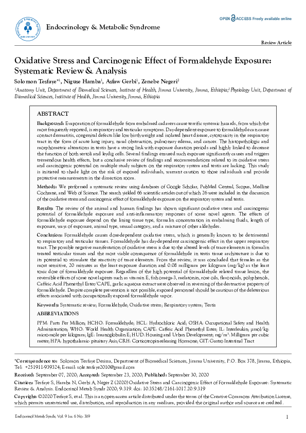 (PDF) Oxidative Stress and Carcinogenic Effect of Formaldehyde Exposure ...