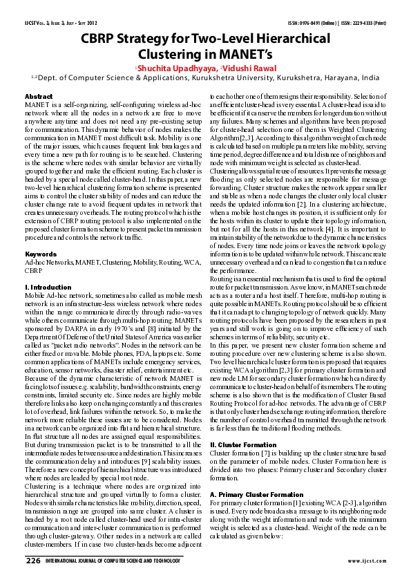 (PDF) CBRP Strategy for Two-Level Hierarchical Clustering in MANET's