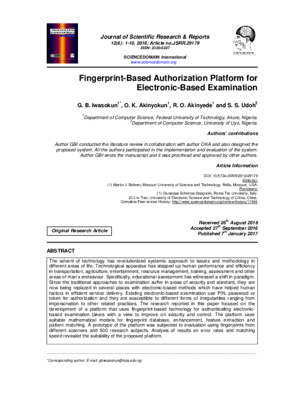 (PDF) Fingerprint-Based Authorization Platform for Electronic-Based Examination