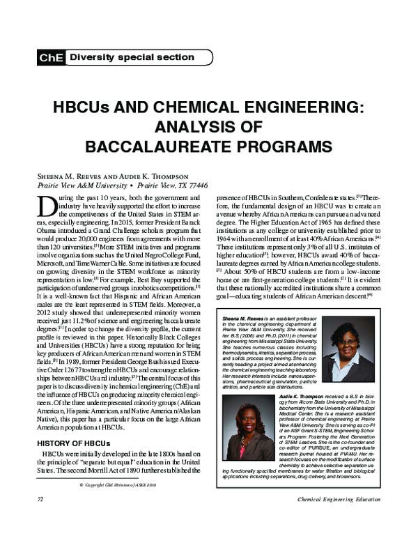 (PDF) HBCUs and Chemical Engineering: Analysis of Baccalaureate ...