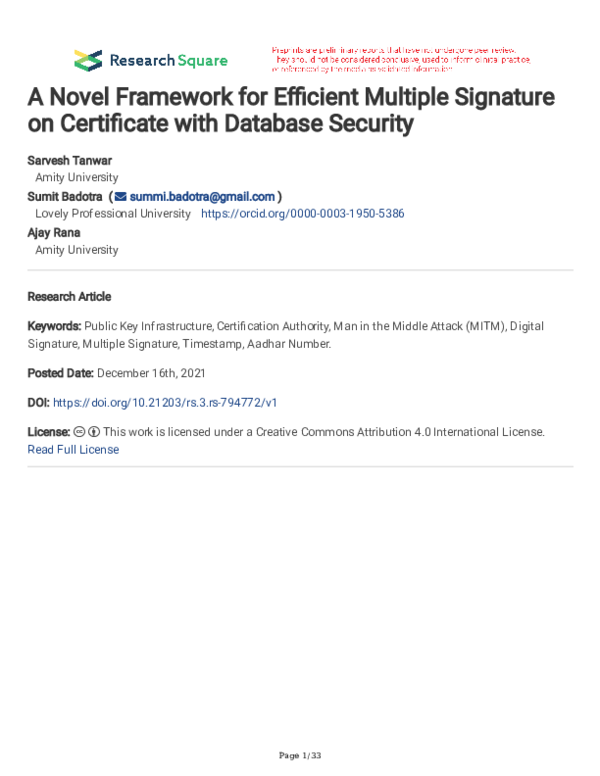 (PDF) A Novel Framework for Efficient Multiple Signature on Certificate with Database Security