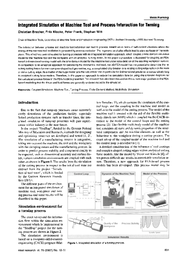 (PDF) Integrated Simulation of Machine Tool and Process Interaction for ...