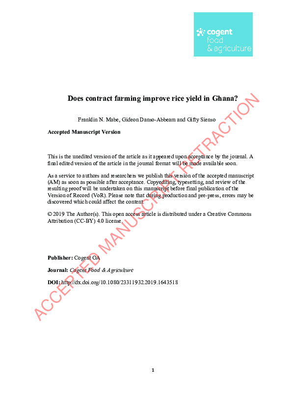 (PDF) RETRACTED ARTICLE: Does contract farming improve rice yield In Ghana?