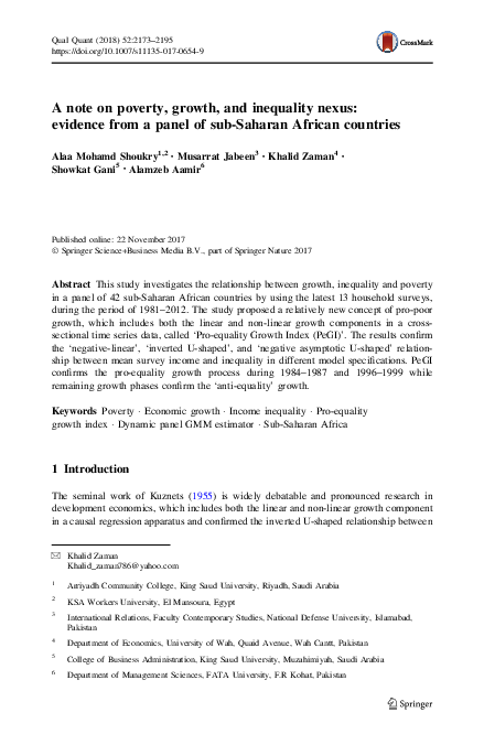 (PDF) A note on poverty, growth, and inequality nexus: evidence from a panel of sub-Saharan ...