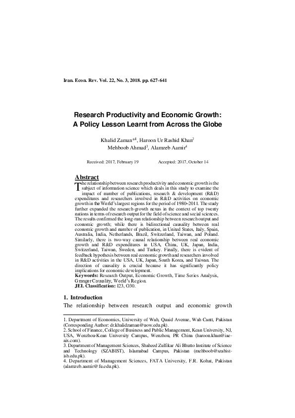 (PDF) Research Productivity and Economic Growth: A Policy Lesson Learnt ...