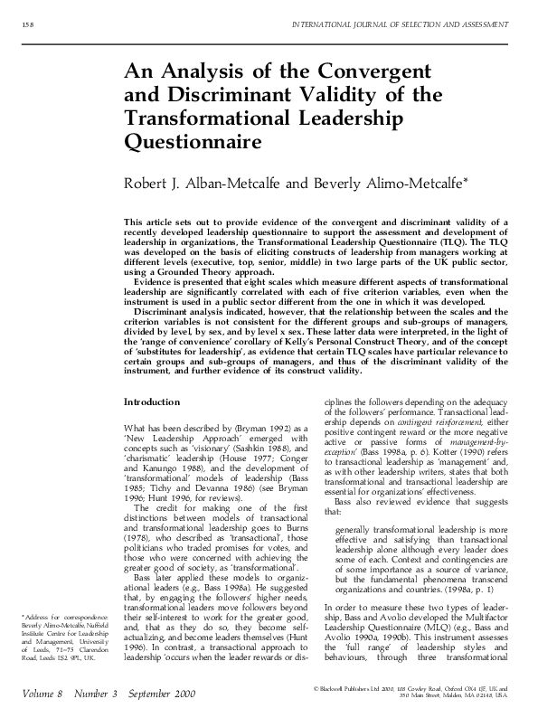 (PDF) The transformational leadership questionnaire (TLQ‐LGV): a ...