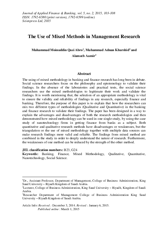 (PDF) The Use of Mixed Methods in Management Research